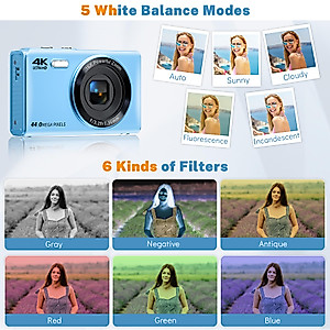 Digital Camera, Saneen FHD Kids Cameras for Photography, 4K 44MP Compact Point and Shoot Camera for Kids, Teens & Beginners with 32GB SD Card,16X Digital Zoom, 2 Rechargeable Batteries-Blue
