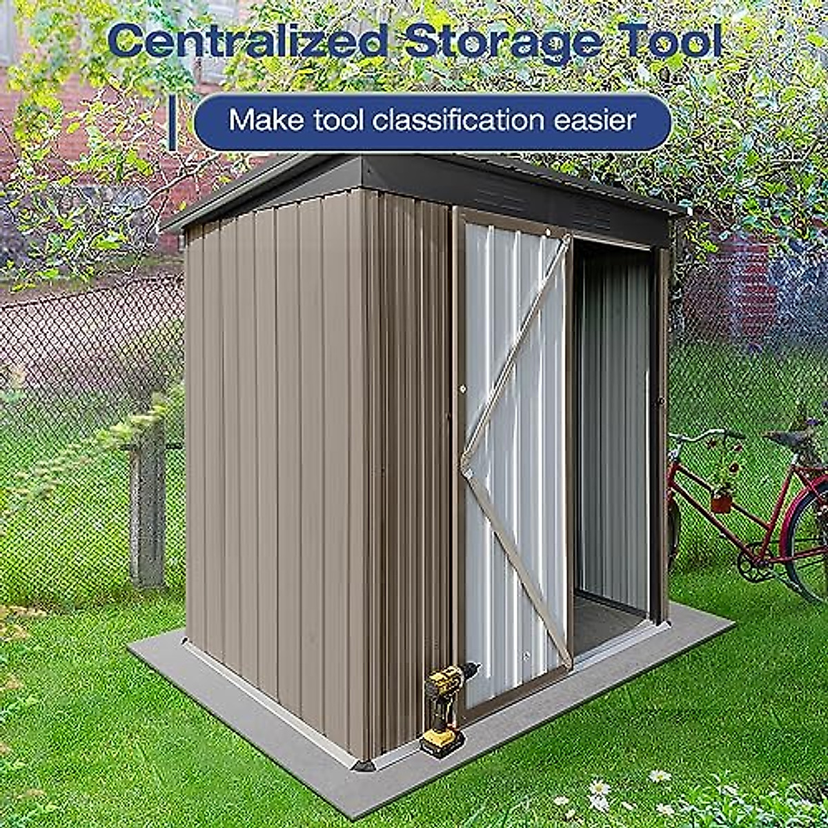 Lyromix 63.5'' × 33.8'' Metal Outdoor Storage Shed with Door & Lock, Waterproof Garden Storage Tool Shed for Backyard Patio,Brown