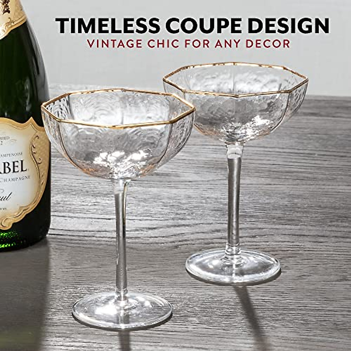 Viper Kitchen Champagne Coupe Glasses Set of 4 - Cocktail Glassware with Art Deco Gold Rim for Vintage Martini, Manhattan, or Daiquiri - Speakeasy Style Glass 5 oz