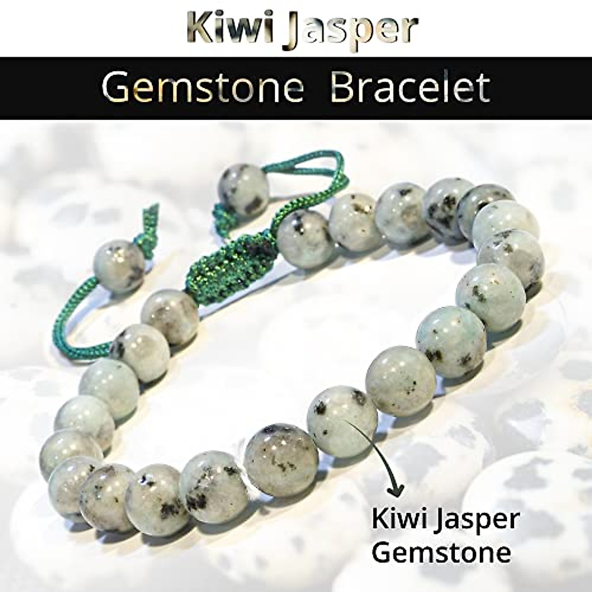 Adjustable Crystal Bracelet – Kiwi Jasper Gemstone Bead Bracelet – Chic Gemstone Bracelet for Men and Women – 8mm Round Healing Crystal Bead Bracelets (Kiwi Jasper)