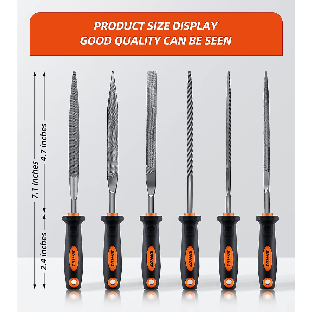 DIFFLIFE 7'' Needle File Set (Carbon Steel 6 Piece-Set) File Handles, Hardened Alloy Strength Steel - Set Includes Flat, Flat Warding, Square, Triangular, Round, and Half-Round File (6-Piece)