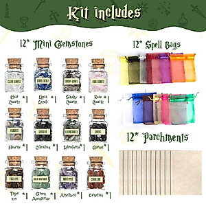 Witchcraft Starter Kit, Witchcraft Supplies for Wiccan Altar- 63 Pack of Crystals Dried Herbs, Colored Magic Candles, Charm Bags and Ritual Witches Salt for Spells, Baby Witches