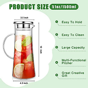 4 Pieces Glass Pitcher with Lid and Spout Heat Resistant Glass Water Carafe with Handle 1.5 Liter 51 oz Juice Beverage Pitcher with Stainless Steel Lid for Hot Cold Beverages Iced Tea Bar Kitchen