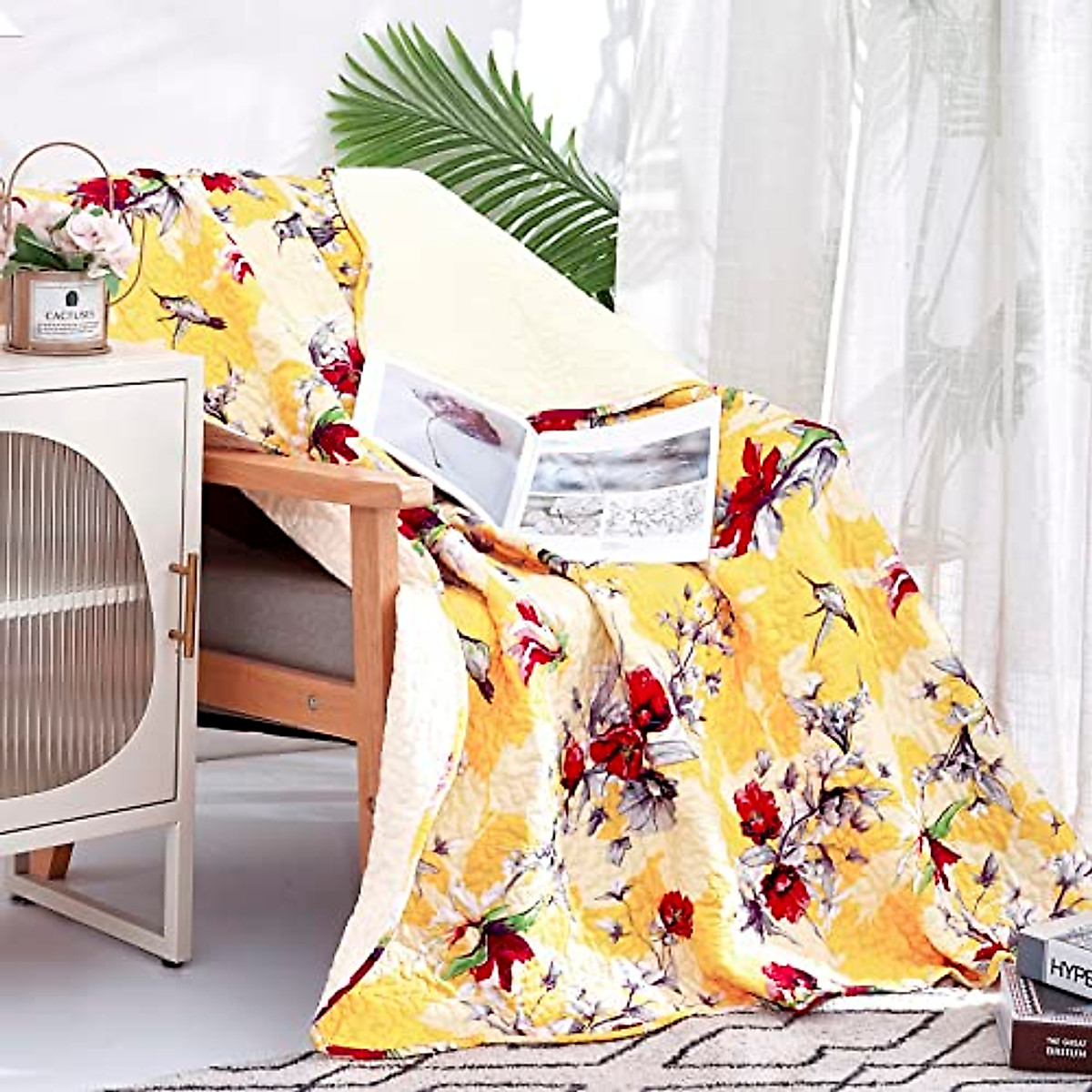 DaDa Bedding Yellow Floral Lap Quilt - Quilted Throw Blanket - Hummingbirds Farmhouse Red Flowers for Couch, Sofa or Bed- Scalloped Edges Bright Vibrant for Biophilic Design - 50 x 60