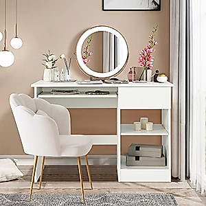 Tangkula White Desk with Drawer, Wooden Computer Desk with Pull-Out Keyboard Tray & Adjustable Storage Shelves, Modern Laptop PC Desk with CPU Stand, Writing Study Desk for Bedroom (White)