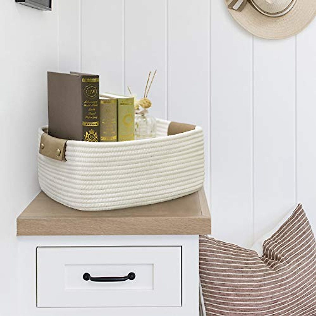 CHICVITA Rectangle Cotton Rope Woven Basket with Handles for Books, Magazines, Toys - Decorative Rectangle Basket for Baby Nursery, Living Room, Bathroom