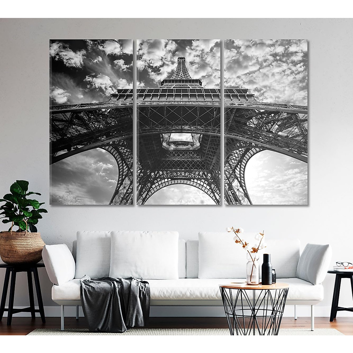 Eiffel Tower in Black White Canvas Print 3 Panels / 36x24 inches
