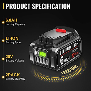 DASNITE 6.0Ah 20V Max Replacement for Dewalt 20V Max Battery Lithium Ion Compatible with Dewalt Batteries DCB200 DCB204 DCB206 DCB201 DCB203 DCD/DCF/DCG Series Cordless Power Tools(2-Pack)