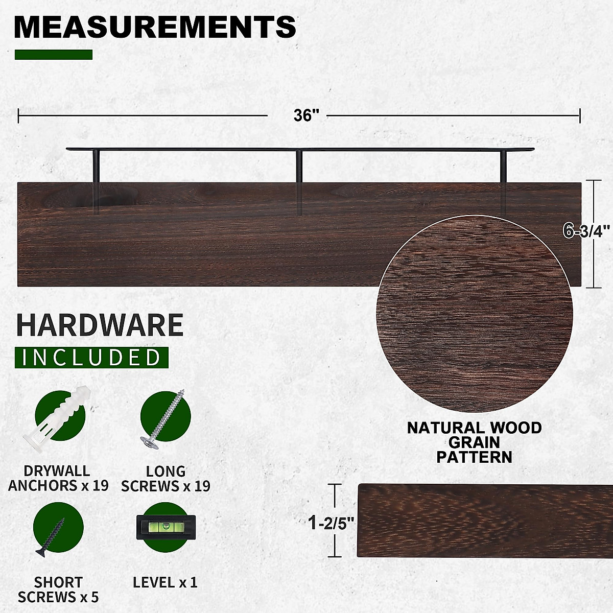 Marsmiles Floating Shelves, 36 Inch Wall Shelf Set of 2, Rustic Wood Shelves for Wall Storage, Fireplace Mantel, Wall Mounted Wooden Display Shelf for Bathroom Bedroom Kitchen Garage, Rustic Brown