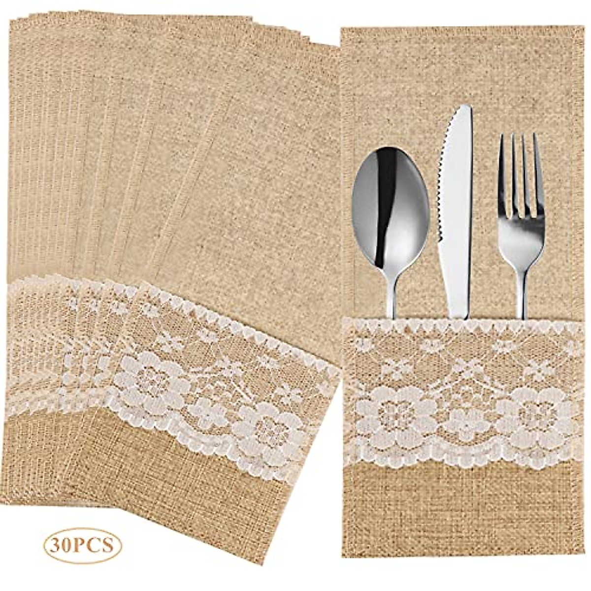 Gbateri 30 Pack Natural Burlap Cutlery Pouch,Burlap Silverware Holders Silverware Bags, Hessian Burlap Lace Utensil Napkin Holders, Knifes Forks Bag with Cotton Inner for Vintage Wedding Christmas