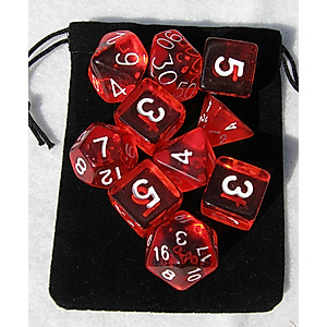 Translucent Red RPG D&D Dice Set: 7 + 3d6 = 10 polyhedral die plus bag! by Dave's Dice