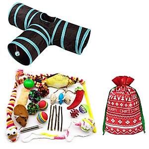 PETFAVORITES 24 Cat Toys Kitten Catnip Toys Variety Pack - 3 Way Tunnel, Interactive Wand, Fish, Mouse, Crinkle Balls, Kitty Chew Toys, Feather - Deluxe Toy Set for Christmas Birthday, Color Random