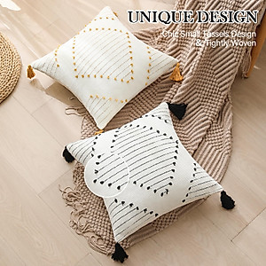 Joyesup Boho Throw Pillow Covers 18x18 Set of 2 Farmhouse Pillow Covers with Tassel Decorative Throw Pillow Cases Room Decor Woven Pillow Covers for Couch Bed Living Room Dormitory(White and Black)