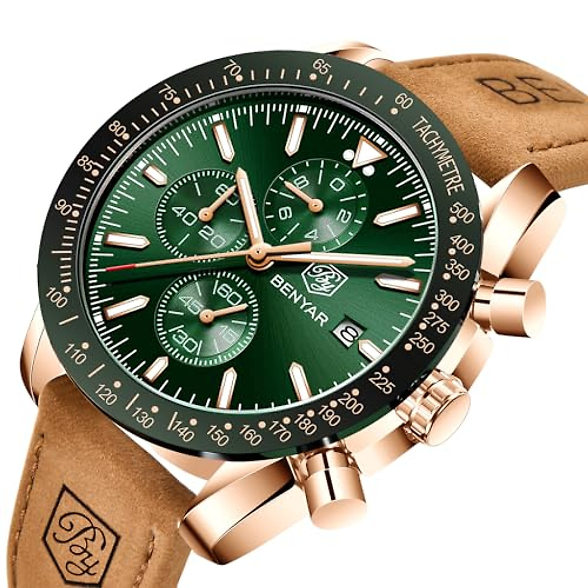 BY BENYAR Men's Watches Analog Quartz Waterproof Watch Sport Leather Watch for Men Fashion Elegant Chronograph Casual Wristwatch（Green）