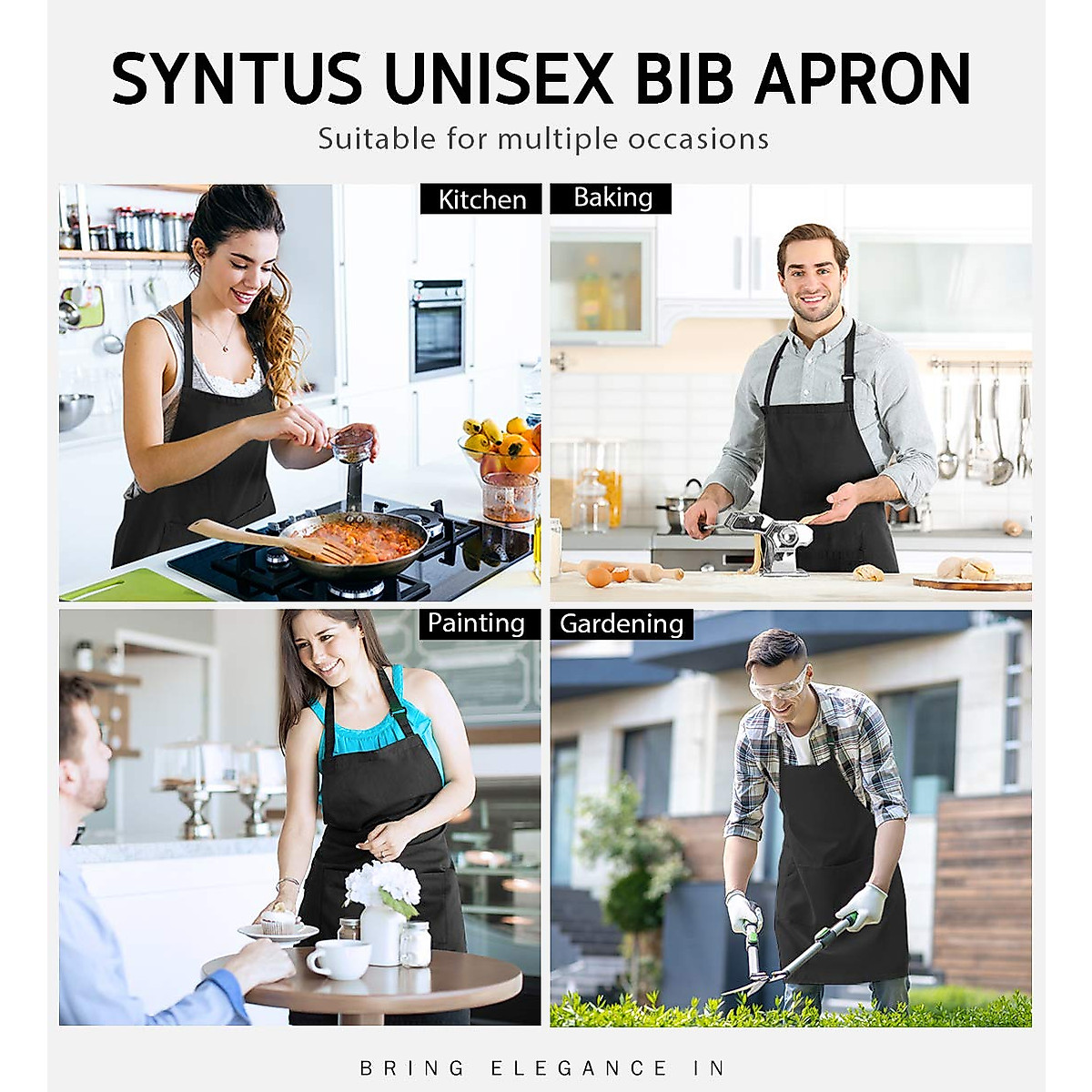 Syntus 2 Pack Adjustable Bib Apron Waterdrop Resistant with 2 Pockets Cooking Kitchen Aprons for Women Men Chef, Black
