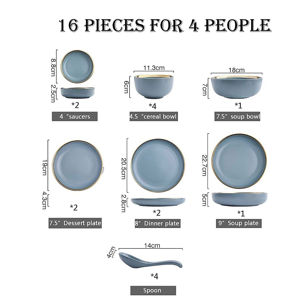 Porcelain Dishes Set for 4 People 16 Piece Ceramic Bowls and Plates Set Reactive Glaze Dinnerware Set for Home Party Gift - Matte Blue
