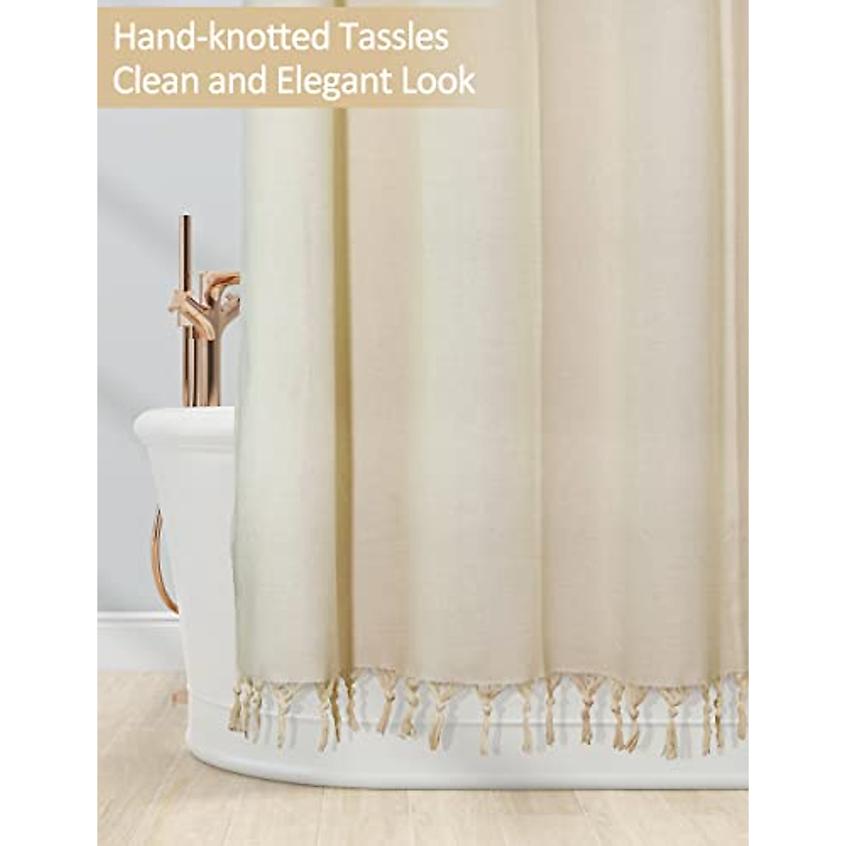 SUMGAR Cotton Shower Curtain Boho Farmhouse Shower Curtains for Bathroom with Tassels & Jacquard Striped Window, Beige Fabric Fringe Shower Curtain Set with Hooks, 72" x 72"