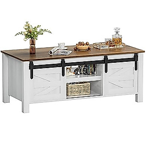 YESHOMY Coffee Table with Sliding Barn Doors & Storage, Wooden Center Rectangular Cabinet with Adjustable Shelves, for Livingroom, Bedroom, Home Office, White