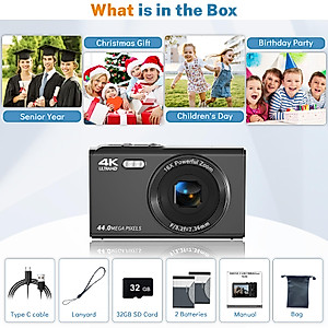 Saneen Digital Camera, FHD Kids Cameras for Photography, 4K 44MP Compact Point and Shoot Camera for Kids, Teens,& Beginners with 32GB SD Card,16X Digital Zoom, 2 Rechargeable Batteries-Black