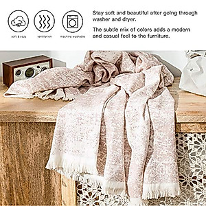 Cotton Fringed and Striped Throw Blanket for Bed, Couch,Knit Woven with Tassels Soft Lightweight Cozy Blanket Scarf Shawl Farmhouse Decoration for All-Season (Pink)