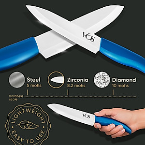 Vos Ceramic Knife Set With Block, Ceramic Knives Set For Kitchen, Ceramic Kitchen Knives With Holder, Ceramic Paring Knife 3", 4", 5", 6" Inch Blue