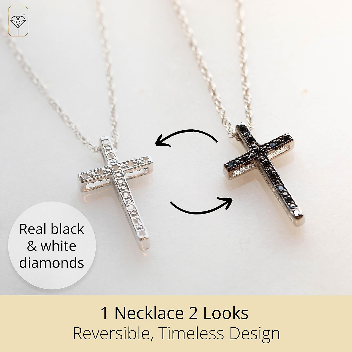 MAX + STONE Reversible White & Black Diamond Cross Necklace | Sterling Silver Diamond Necklace with Adjustable 18” or 20” Chain | Real Diamond Cross Pendant Necklace | Silver Cross Necklace