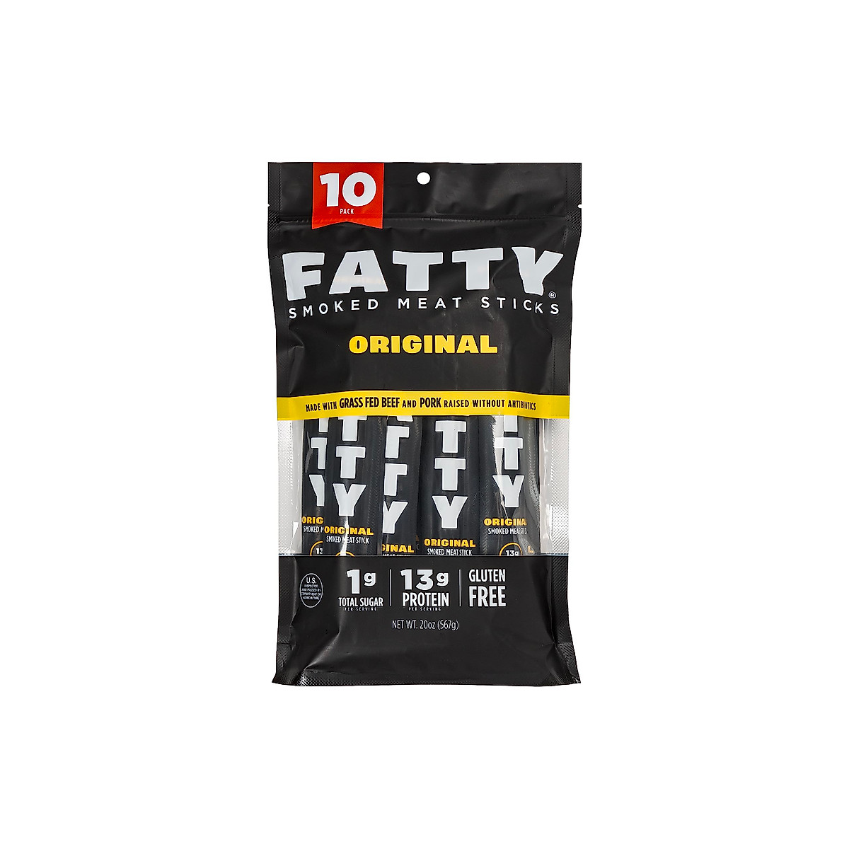 American Made Sweetwood Smokehouse FATTY Meat Sticks, Grass-Fed Beef, High Protein Snack, Camping, Sports, Road Trip, Low Carb, Gluten Free, MSG Nitrate Original Flavor, 2 Ounce (Pack of 10)