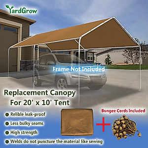YardGrow 10'x20' Carport Replacement Canopy Cover for Tent Car Shelter Top Tarp Cover w/Bungees, Carport Canopy Top Replacement Cover ONLY (Tan)