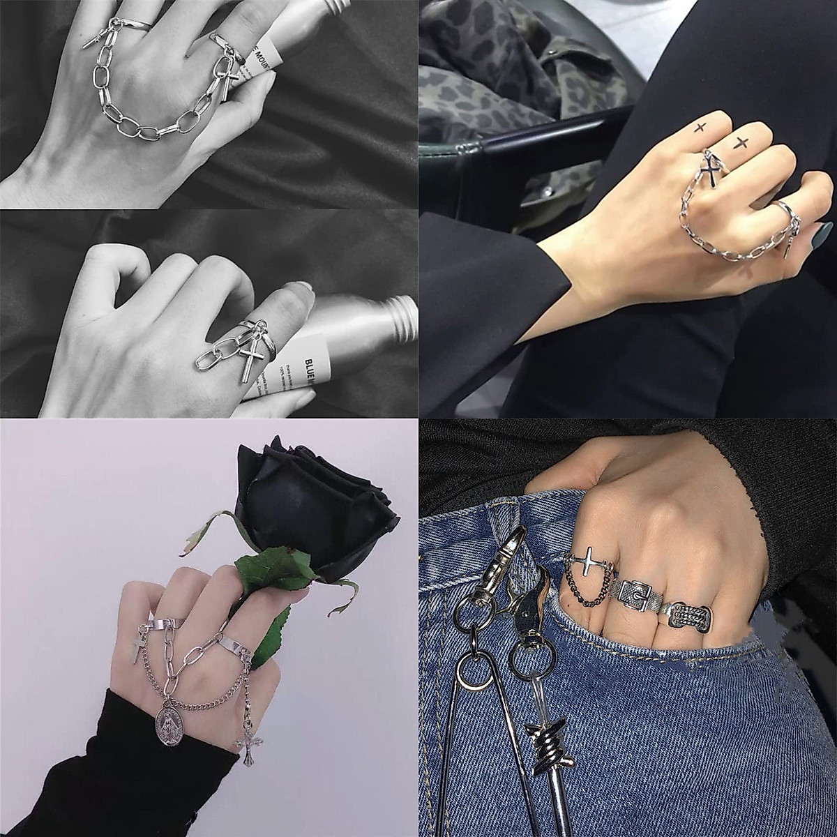 Punk Gothic Vintage Chain Finger Rings Set for Women Men TNovelty Gothic Cross Open Adjustable Rings Stackable Silver Knuckle Rings, Copper, copper,