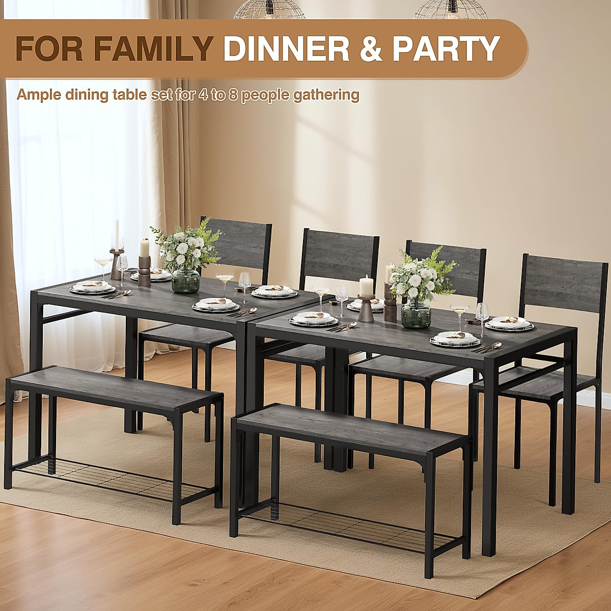 Furmax Dining Table Set for 4, Modern Kitchen Table Bench and Chairs Rectangular Dining Room Table Set with Storage Bench for Small Space, Apartment, Restaurant (Grey)