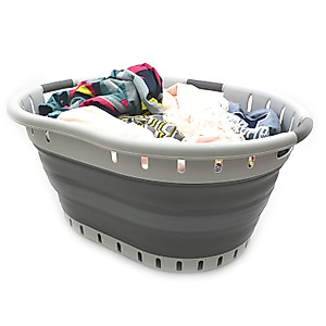 SAMMART 57L (15 Gallons) Collapsible 3-Handled Plastic Laundry Basket - Oval Tub - Portable Washing Tub-Space Saving Laundry Hamper, Water Capacity 44L / 11.6 Gallon (2 pcs - Oval, Dark Grey)