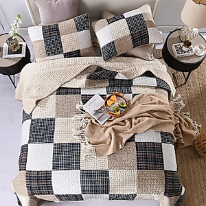 PERHOM 100% Cotton King Size Quilt Set - Lightweight Bedding Set, Real-Patchwork Plaid Pattern Printed Farmhouse Bedspreads, Soft Reversible Coverlet Comforter for All Season, 3 Pieces