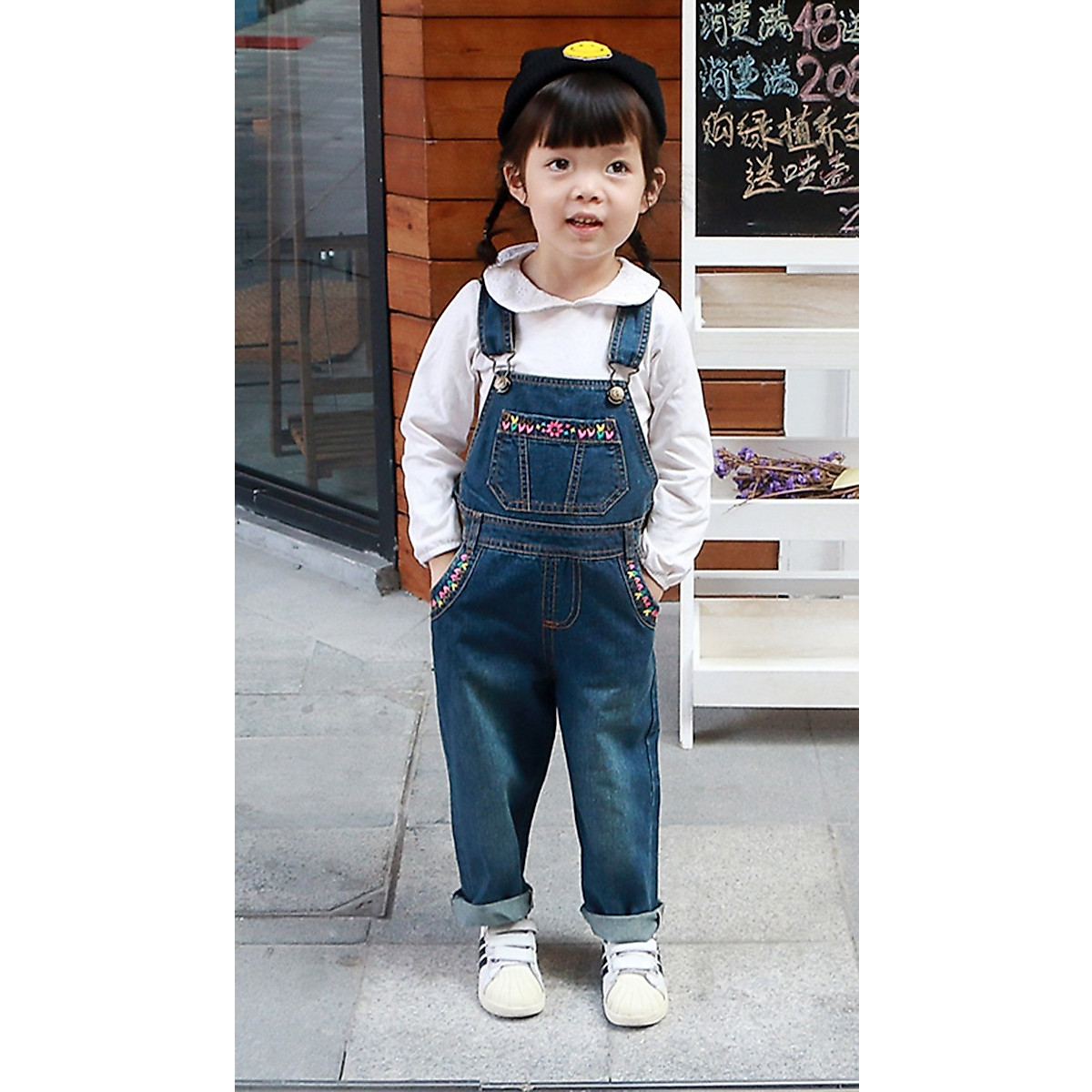 KIDSCOOL SPACE Baby & Little Girls Denim Overalls,Jean Workwear,Deep Blue,3-4 Years