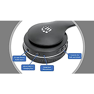 Manhattan Bluetooth On-Ear Headphones - Lightweight, 3.5mm Audio Port for Wired Use, Adjustable, Foldable, Padded Ear Cushion, Microphone & Controls – for Gym, School, Kids - 3 Yr Mfg Warranty–180641
