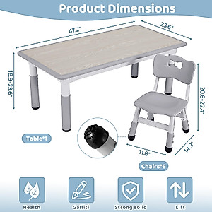 Arlopu Kids Study Table and 6 Chairs Set, Height Adjustable Graffiti Table, Preschool Activity Art Craft Table for 6, Multifunctional Toddler Table, Reading, Drawing, Eating Interaction (Gray)