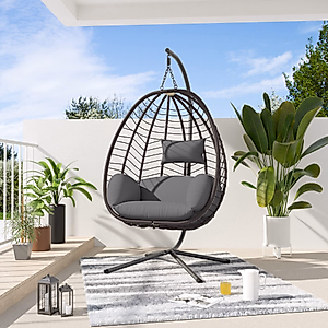 ALAULM Egg Swing Chair Outdoor Indoor Wicker Rattan Hanging Chair with Stand 350lbs Capacity w/Strong Frame & Grey Cushions for Patio Balcony Bedroom