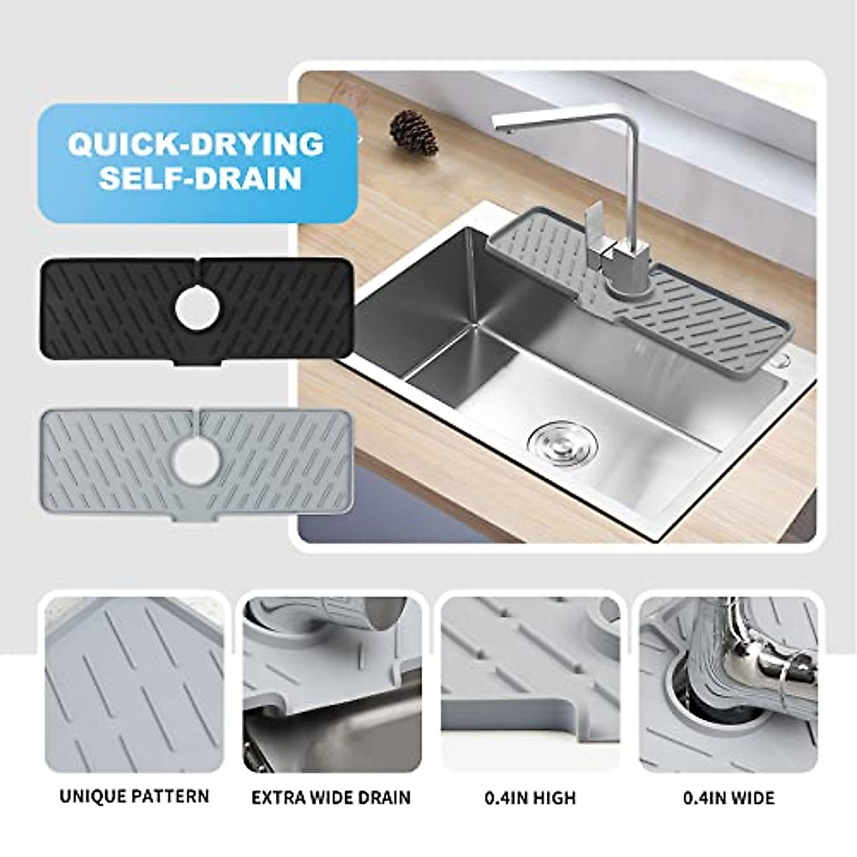 Meiliweser Silicone Faucet Splash Guard, 18” x 5.9”, Faucet Water Catcher Mat, Longer Silicone Sink Mat for Kitchen, Bathroom, Laundry Room, Farmhouse, Bar & RV (Gray)