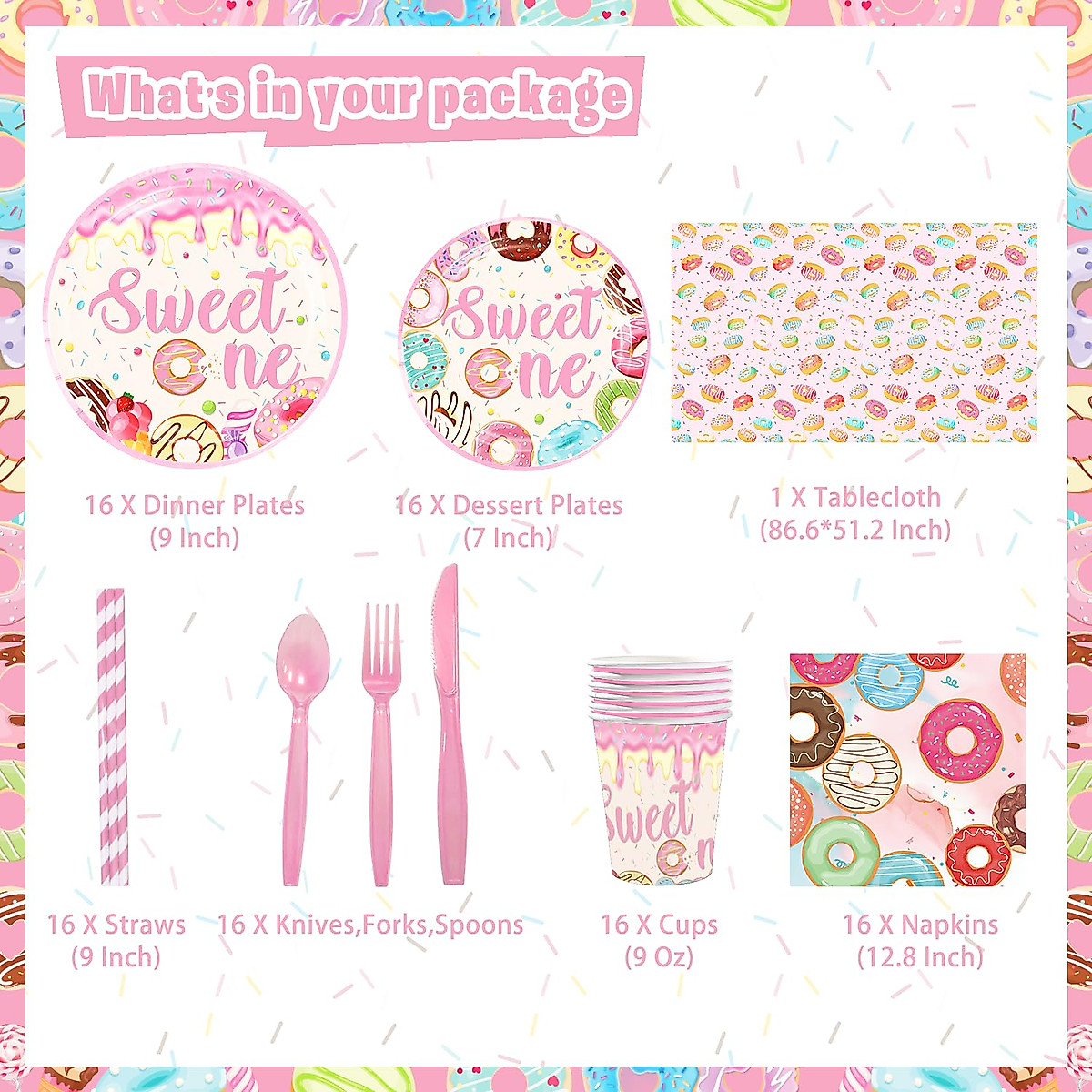 Sweet One Birthday Party Supplies for 2 Year Old Girl, 150 Pcs Donut Party Decorations for Girls Baby - Backdrop, Banner, Cake, Cupcake Toppers, Cupcakes Wrappers, Tablecloth