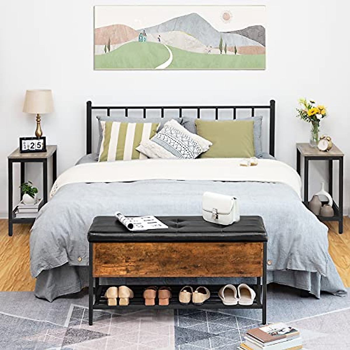 HOOBRO Side Tables, Set of 2 Narrow Nightstands, Industrial End Table with Flat or Slant Adjustable Mesh Shelf for Small Spaces, Stable Metal Frame and Easy Assembly, Greige and Black BG24BZ01