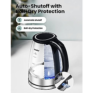 COMFEE' Glass Electric Tea Kettle & Hot Water Boiler, 1.7L, Cordless with LED Indicator, 1500W Fast Boil, Auto Shut-Off and Boil-Dry Protection