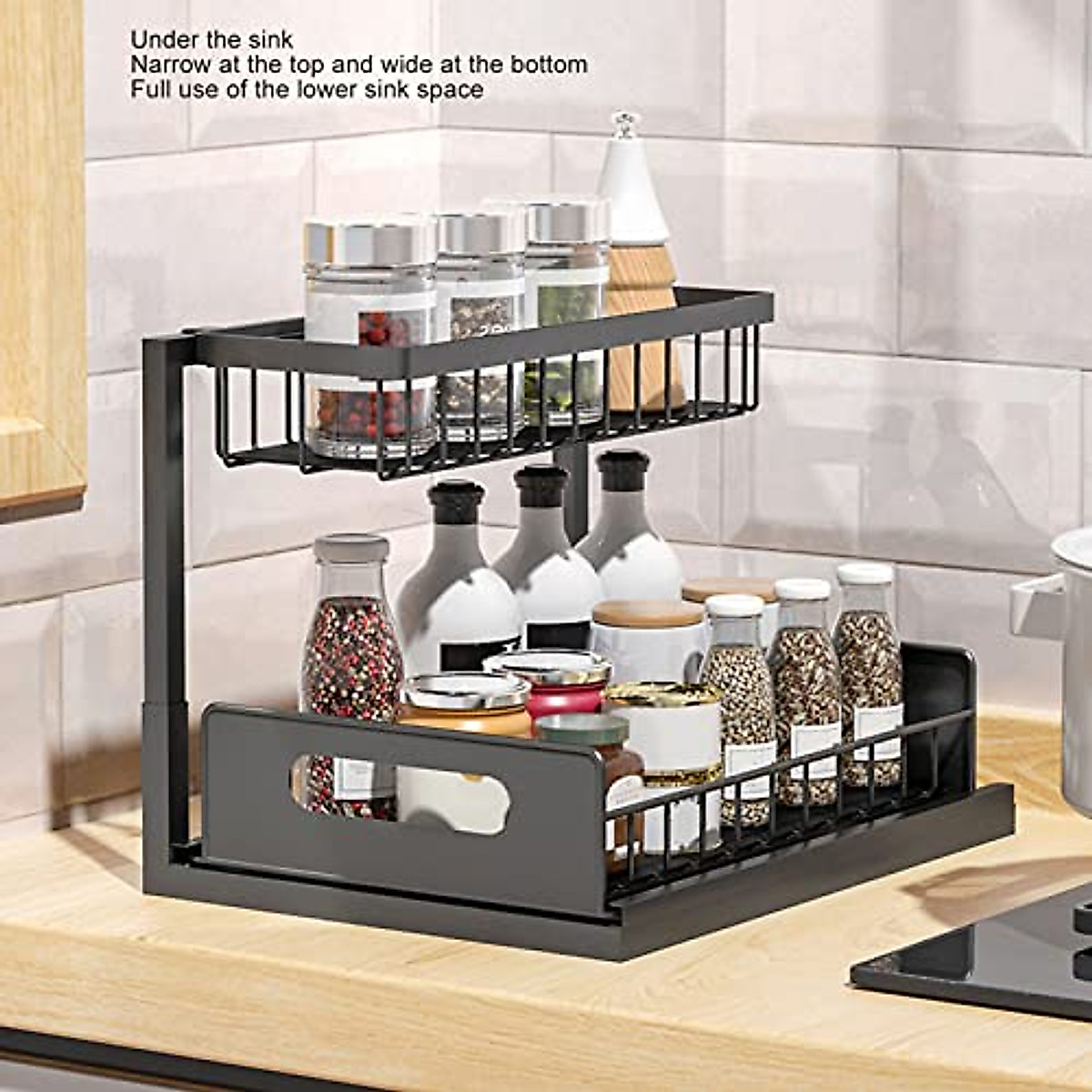 Miskall Under Sink Organizer L Shape 2 Tier Slide Out Sink Shelf for Under Kitchen Bathroom Sink Organizers and Storage Cabinet Organizer Black