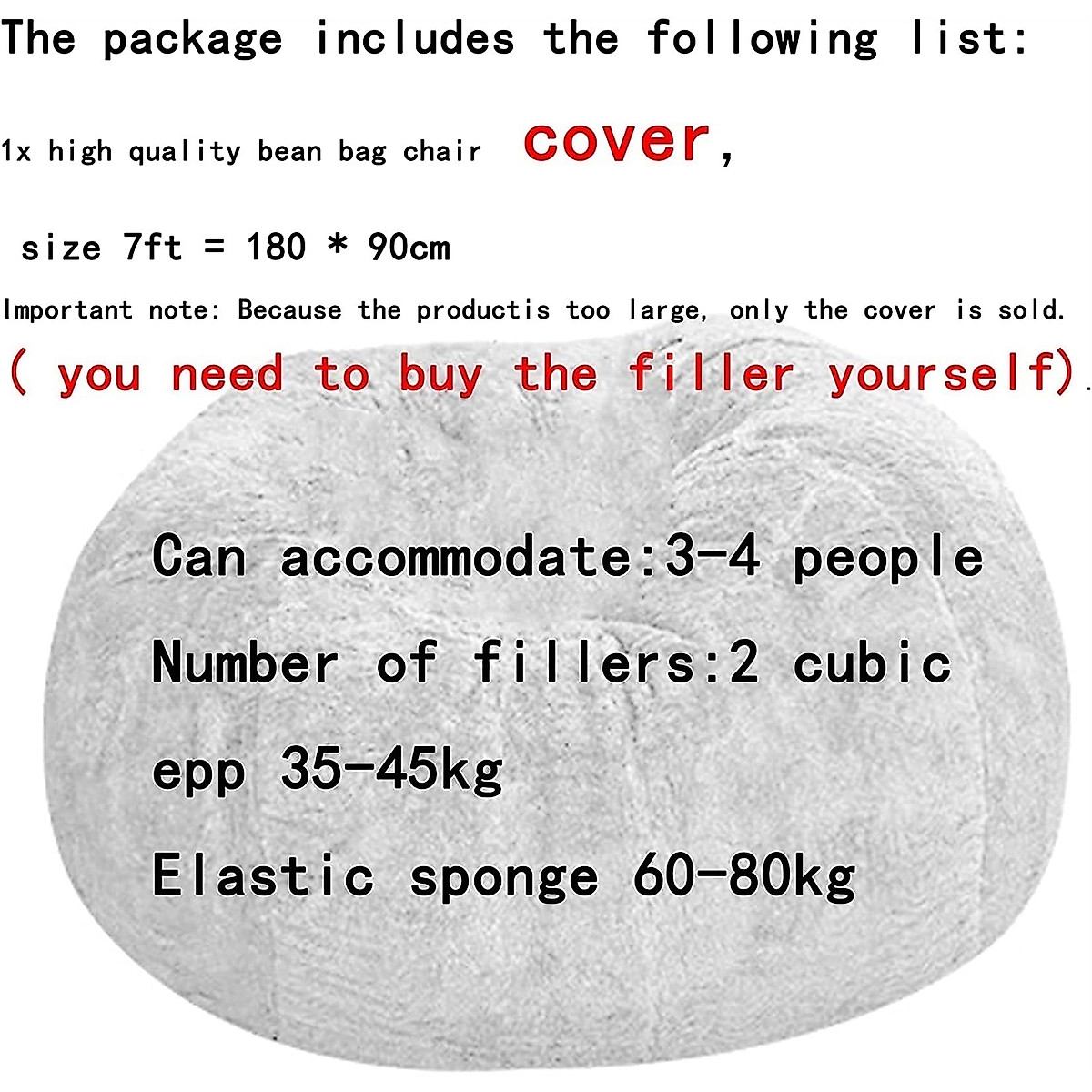 Giant Fur Bean Bag Chair Cover for Kids Adults, (No Filler) Living Room Furniture Big Round Soft Fluffy Faux Fur Beanbag Lazy Sofa Bed Cover (Dark Grey, 6FT)