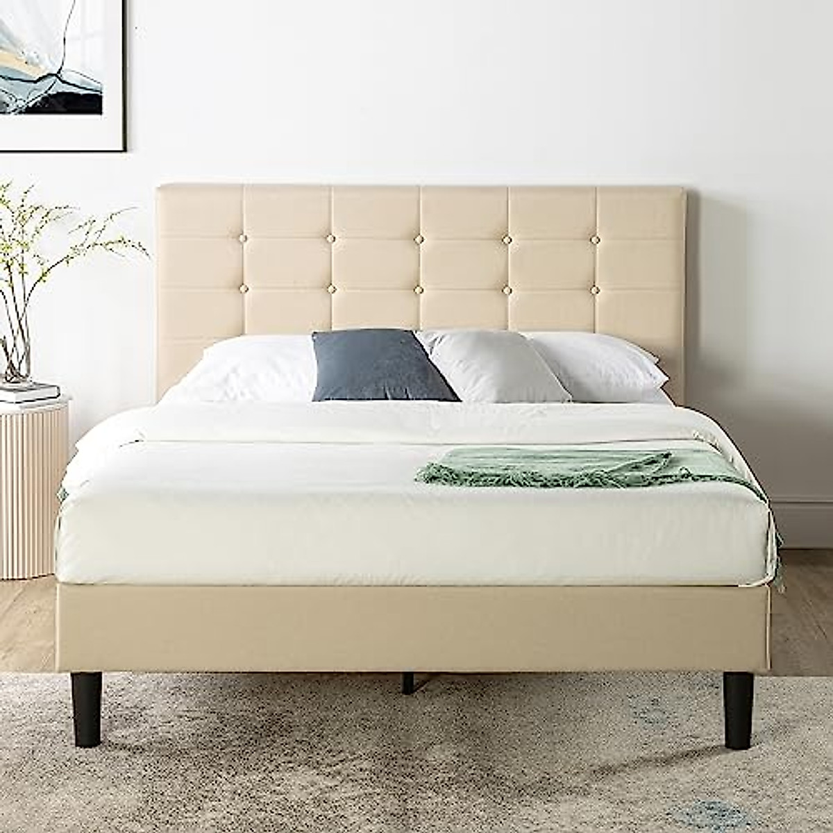 ZINUS Ibidun Upholstered Platform Bed Frame, Mattress Foundation, Wood Slat Support, No Box Spring Needed, Easy Assembly, Full, Beige