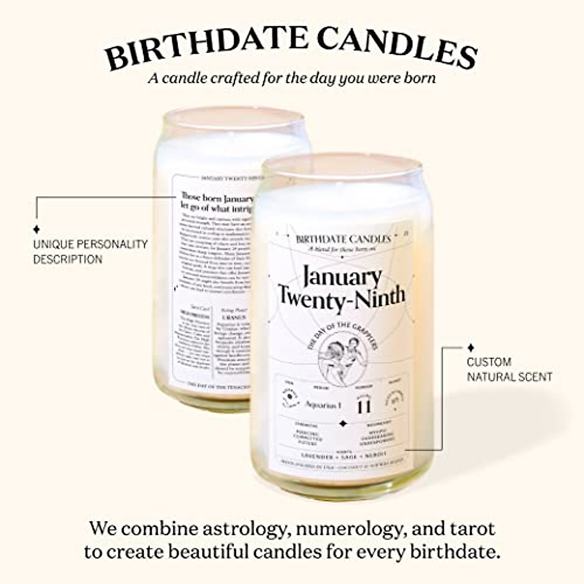 Birthdate Candles, March 11 - Pisces Zodiac Scented Candles Birthday Gift - Jasmine, Cedarwood & Thyme Scent - All-Natural Soy & Coconut Wax, 60-80 Hour Burn Time - Made in USA