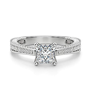1CT Princess Cut Colorless Moissanite Engagement Ring Wedding Bridal Ring Set, Diamond Ring, Anniversary Solitaire Halo Accented Promise Vintage Antique Gold Silver Ring Siyaa Gems (5.5)
