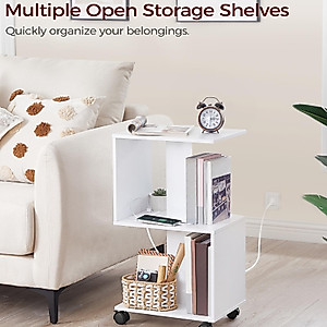 MAHANCRIS Narrow Nightstand with Charging Station, White Bedside Table with Power Outlets and USB Ports, S-Shaped Side Table, 3-Tier Nightstand with Wheels, for Bedroom, Living Room, White ETWT77E01