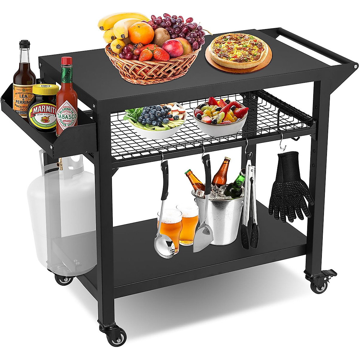 Spurgehom Grill Cart, Pizza Oven Stand Table with Wheels Dining Cart Table for Outside Patio, Outdoor Movable Kitchen Cooking Prep Table BBQ Cart with Mesh Racks for Home Party, Bar, Camping