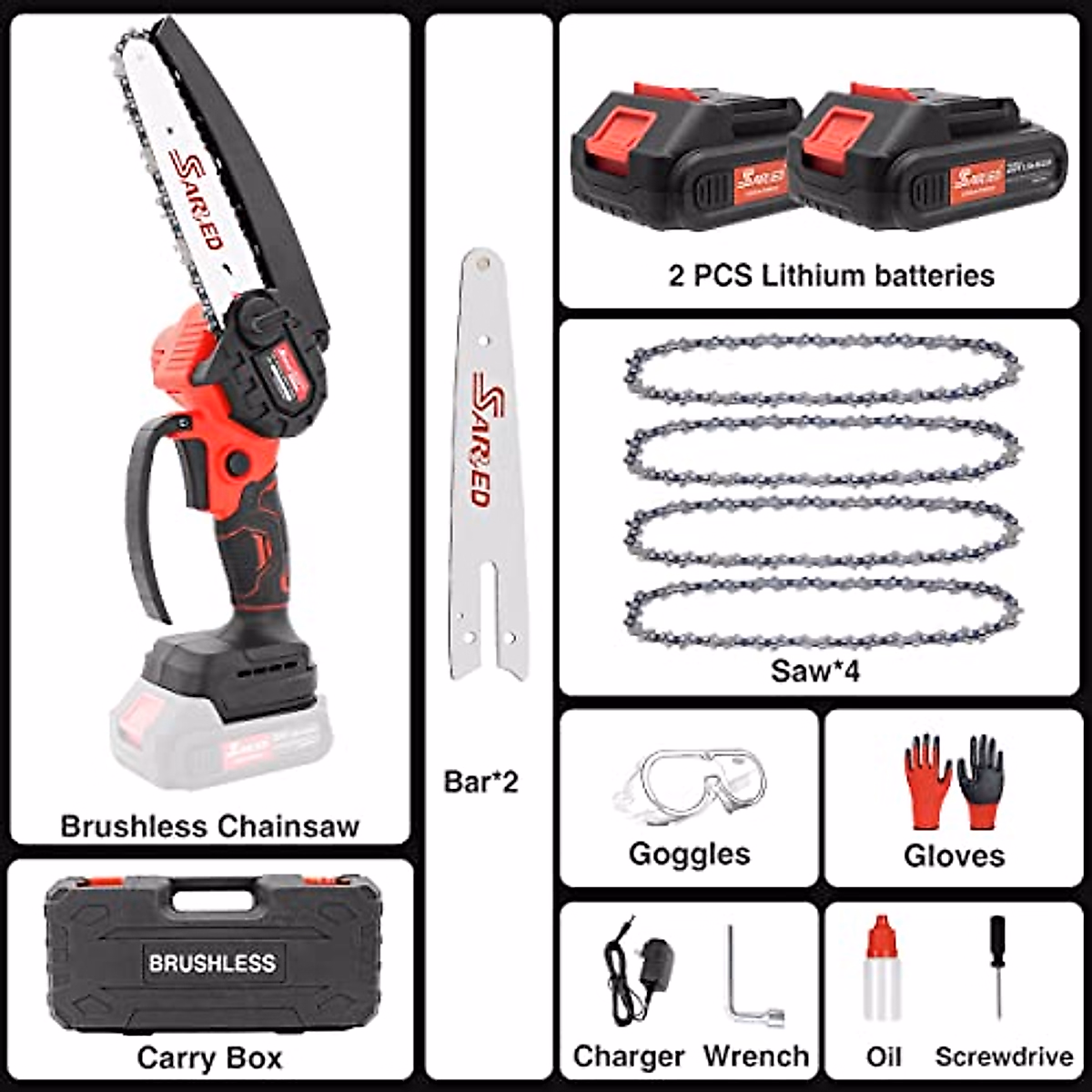 Mini Chainsaw 6 Inch Cordless,SARRED 6 Inch Cordless Brushless Small Electric Portable Chainsaw Handheld Rechargeable Battery Chainsaw with 2 Batteries 3 Chains for Gardening Tree Branch Trimming