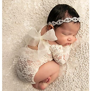 Baby Photography Props Outfit Lace Rompers Newborn Girl Photo Shoot Outfits Flower Headband Princess Costume (White)