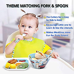 Finex Thomas the Train 5 Pcs Set Children Cartoon Durable Tableware Meal Dishes Mealtime Food Feeding Eating Set includes Dinner Serving Bowl Plate Cup with a Matching Spoon and Fork for Kids